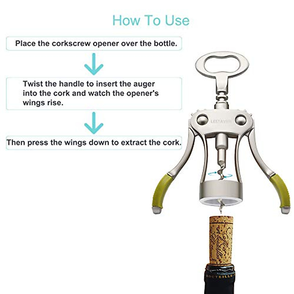 Stainless Steel Wing Corkscrew Wine Opener, Waiters Corkscrew Cork and Beer Cap Bottles Opener Remover, Used in Kitchen Restaurant Chateau and Bars
