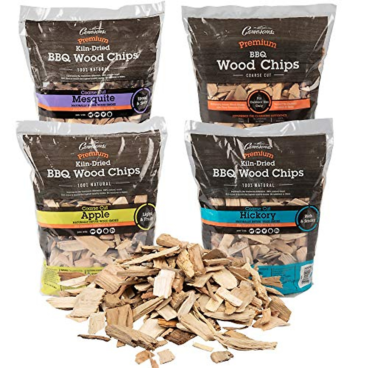 Camerons All Natural Wood Chips for Smoker, 4 Pack - Apple, Cherry, Hickory, Mesquite -260 Cu In Bag, Approx 2lbs ea - Kiln Dried Coarse BBQ Wood Chips- Barbecue Grilling Variety Pack Gift Set for Men