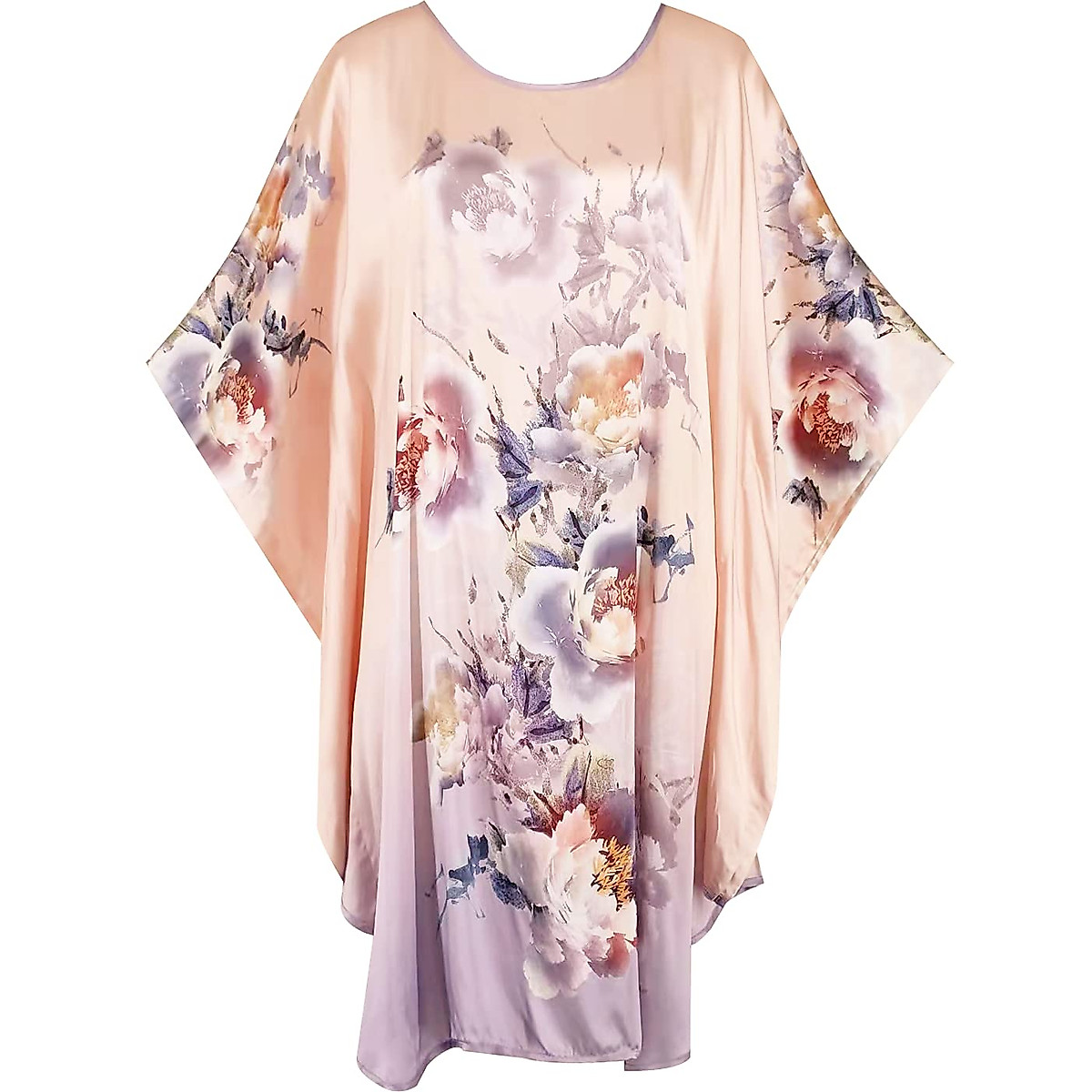 Kwedhonjh lady 100% silk pajamas, bat sleeve bathrobe - floral pattern (Anonymous flower light pink-1)