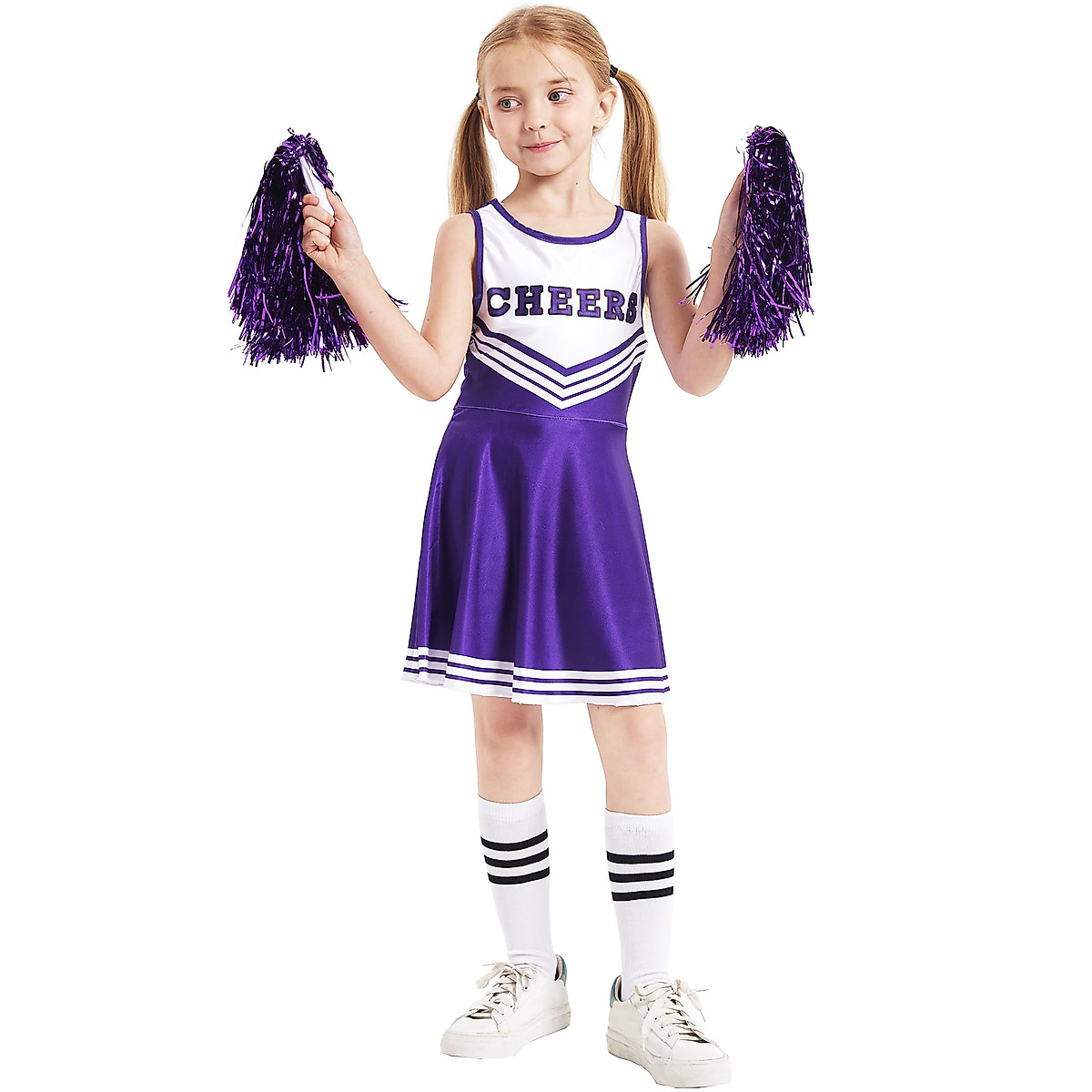 LOLANTA Girls Cheerleader Costumes Dresses Cheerleading Outfit Cheer Uniform with Pom Poms(10-12, purple)