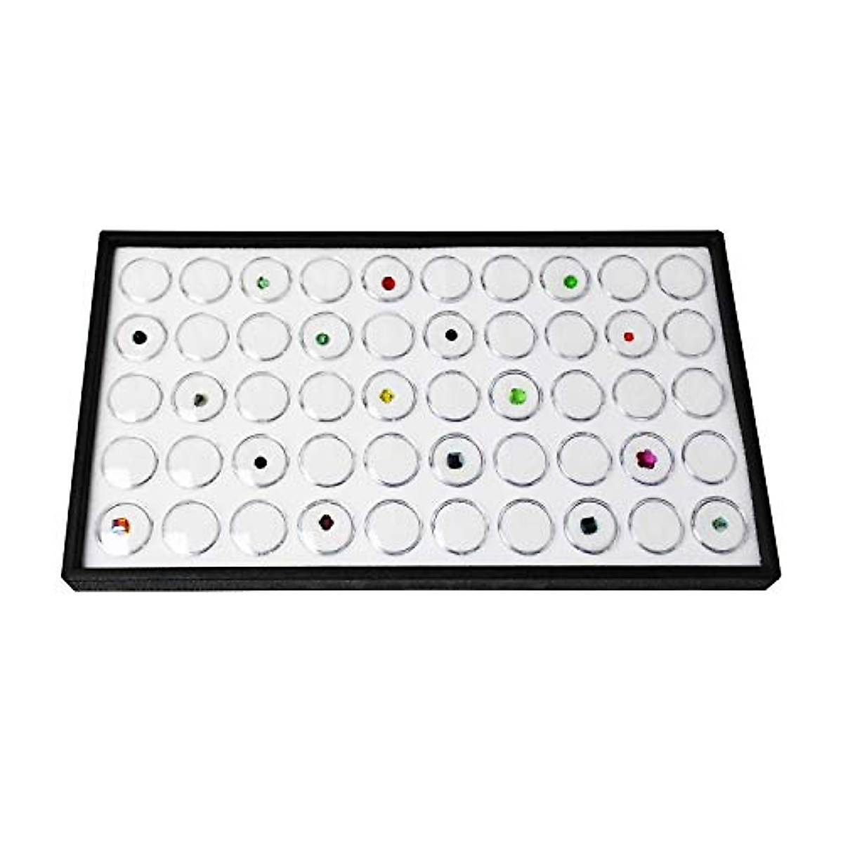 Ikee Design White Foam Gem Jars Showcase Stackable Display Tray for Collectibles, Home Organization Storage Box with 50 Gemstones and Bead Storage Jars, White Foam/Black Tray