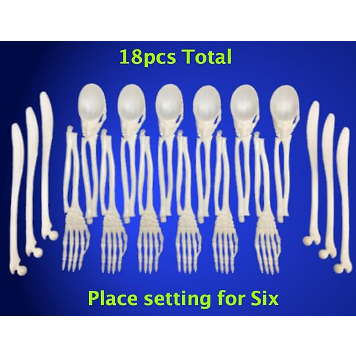 Skeleton Shaped Plastic Silverware Set Plasticware: Reusable, Dishwasher Safe, Non Toxic, Heavy Duty Forks Spoons & Knives (Place Setting for 6-18pcs Total)