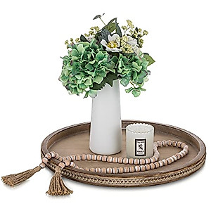 Hanobe Large Round Decorative Tray: Coffee Table Beaded Tray Rustic Wood Trays Decor Farmhouse Ottoman Circle Tray Vintage Centerpiece Wooden Serving Trays for Living Room Home for Counter, Brown