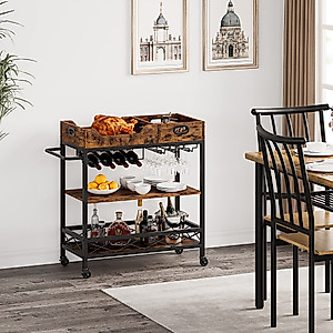 IDEALHOUSE 3 Tier Bar Carts for The Home, Rustic Brown Bar Cart with Wheels, Two Portable Trays, Wine Rack, Glasses Holder, Industrial Serving Cart for Kichen, Living Room, Dining Room