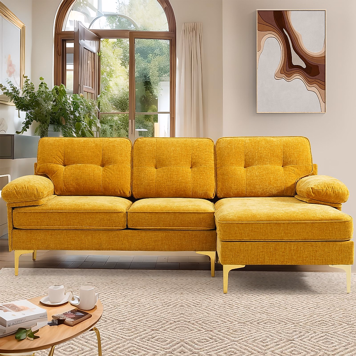 EASELAND 83" L Shaped Convertible Couch, Chenille Couch Sectionals for Living Room, 3-Seat Comfy Lounge Sofa for Bedroom with Chaise, Sleeper Sofa Bed with Fluffy Armrests, Washable Cushion(Yellow)