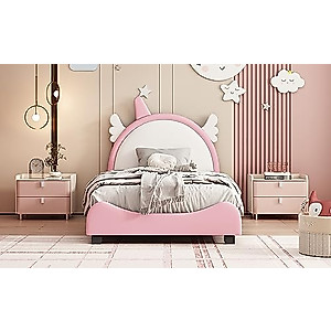 Epinki Cute Twin Size Upholstered Bed with Headboard, Platform Bed with Headboard and Footboard, White Pink, Kids Bed