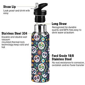 Sugar Skulls Water Bottle with Straw Lid Double Wall Daisy Thermos Bottle Vacuum Insulated Flask Stainless Steel Water Bottle for Gym Outdoor 20 OZ