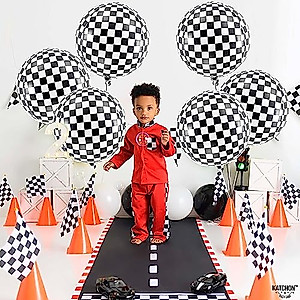 KatchOn, Black and White Checkered Balloons - 22 Inch, Pack of 6 | 4D Checker Balloons, Checkered Flag Balloons, Race Car Balloons | Checkered Flag Party Supplies, Race Car Birthday Party Supplies