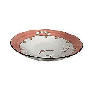 JapanBargain 2479, Japanese Porcelain Shallow Soup Bowl for Dinner Lunch Rice Poke Donburi Udon Ramen Noodle Pasta Cereal Maneki Neko Lucky Cat Pattern for Cat Lovers Made in Japan, 8.5-inch, Pink