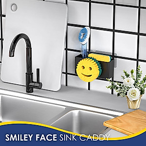 MURLONG Sponge Holder, Smiley Face Sink Caddy, Sink Organizer Sponge Sink Holder Stainless Steel with Suction Cups & 1 PCS Adhesive Strips for Holding Soap, Brush, Scrubber, Sponge-Black