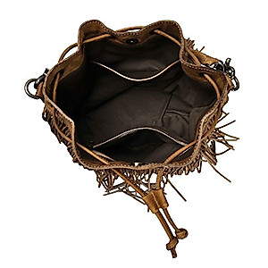 ZLYC Women Handmade Dip Dye Leather Bohemian Fringe Tassel Drawstring Bucket Bag, Brown