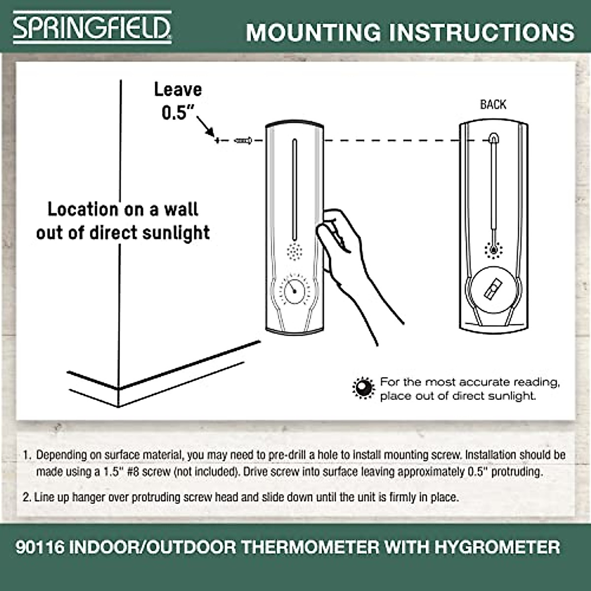 Springfield Vertical Thermometer and Hygrometer, Indoor Outdoor Thermometer, Wireless Humidity Meter for Patio, Garden, or Nursery areas (9.125-Inch)