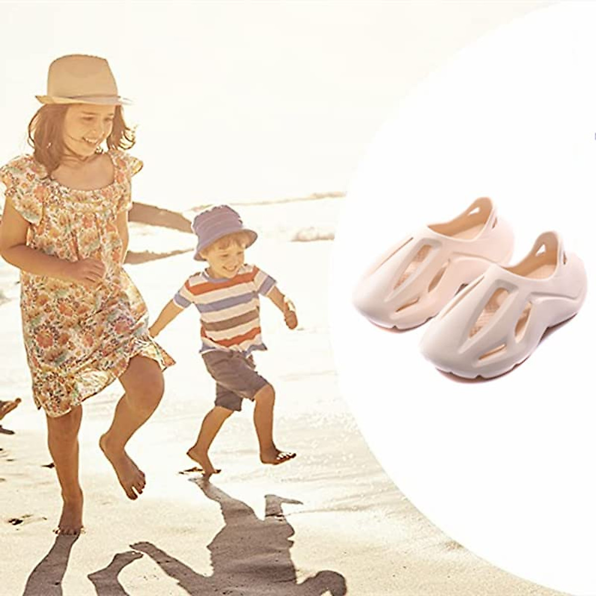 Kids Clogs Foam Runner Shoes Boys Girls 400 Hollow Cloud Slides Slippers Outdoor Walking Sneakers Soft Non-Slip Water Platform Trainers Children Breathable Beach Sandals(Beige,34/35)