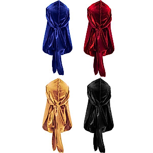 4 Pieces Men's Velvet Durag with Long Tail Soft Durag Headwraps for 360 Waves (Royal blue, Red, Gold, Black)