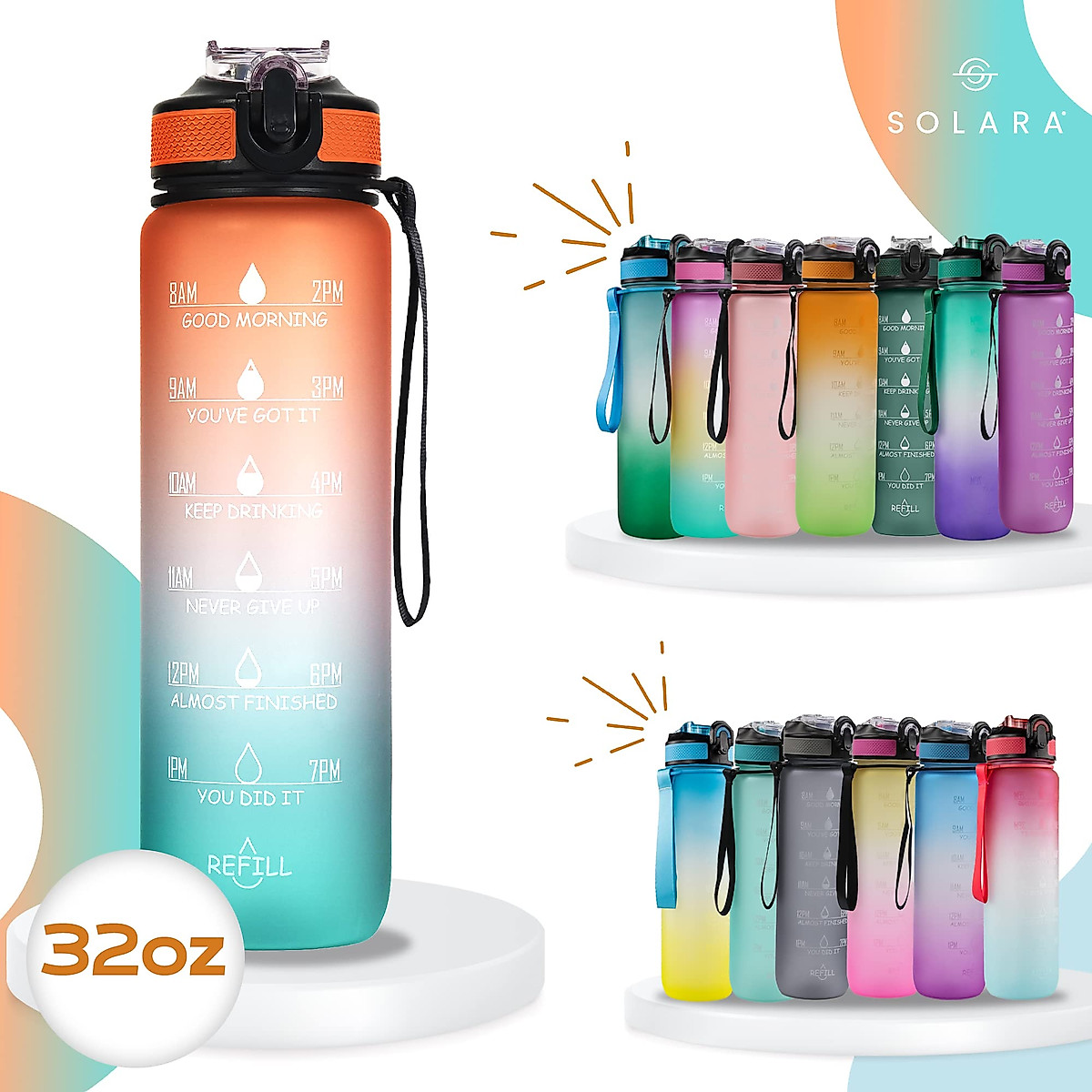 SOLARA 32oz Motivational Water Bottle with Times to Drink, Water Bottle with Straw, Water Bottle for Gym, Office | BPA Free Tritan Water Bottle with Motivational Quotes | Orange Teal