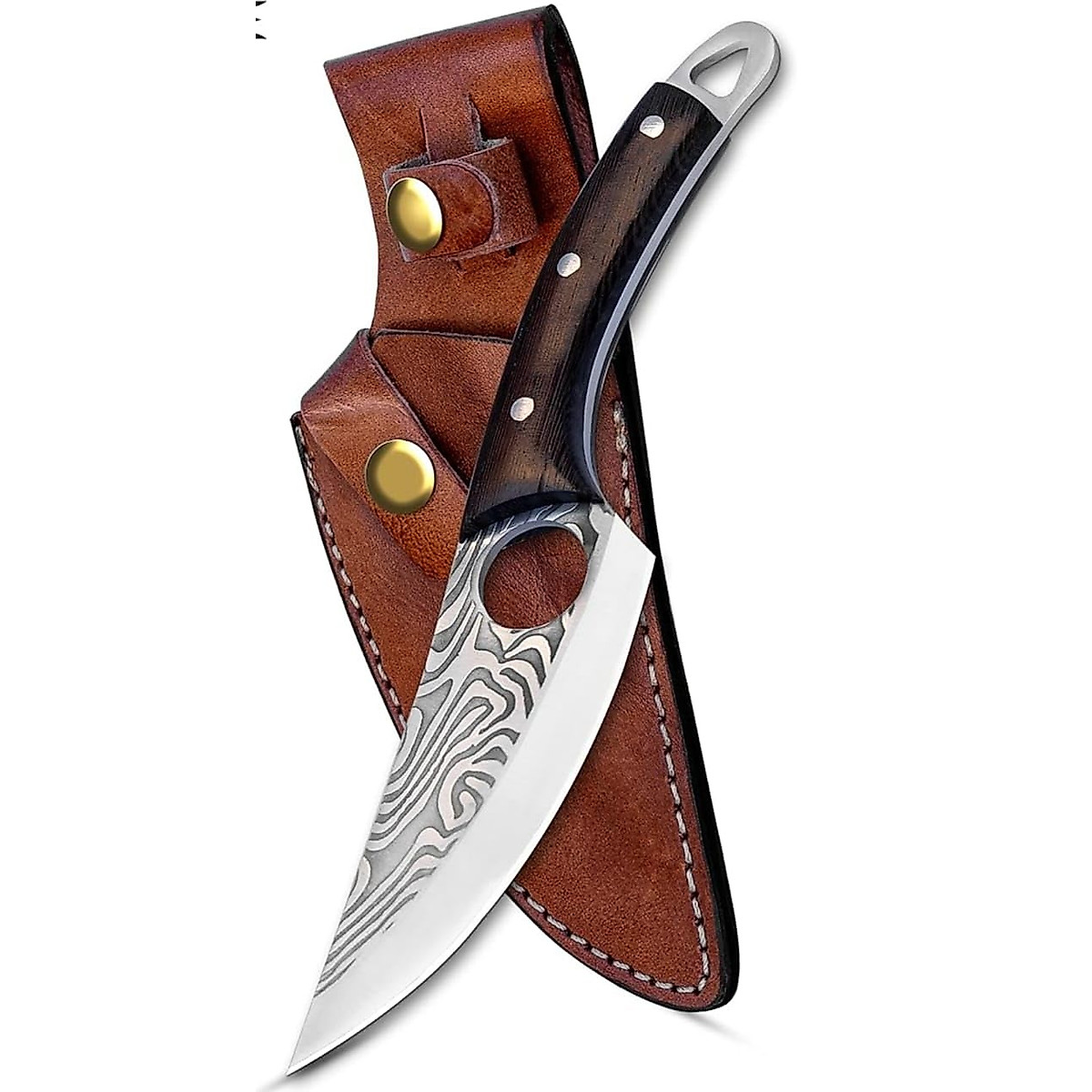 I.N Premium Chef knife 5 inch Handmade Japanese High Carbon Stainless Steel Kitchen Knife with Leather Sheath Full Tang Blade Ergonomic Wenge Wooden Handle for Camping,BBQ