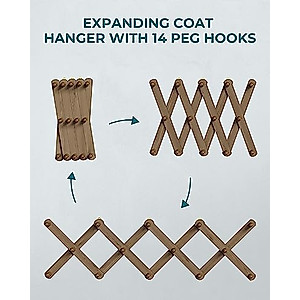OROPY Wood Accordion Wall Hanger, Expandable Coat Rack Wall Mount with 14 Pegs, Expanding Hat Rack for Wall, X Shape, 27"×10", Walnut Color