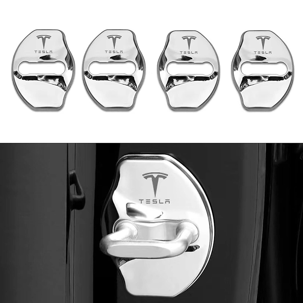 PJOKI Fit Tesla Model 3 Model Y Car Door Lock Cover Stainless Steel Car Door Lock Cover Door Guard Lock for Tesla Accessories(Silver)