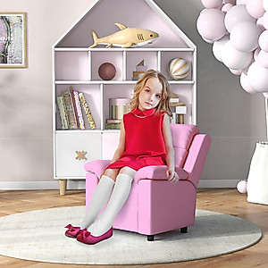 Qaba Kids Recliner Chair, Toddler Leather Sofa Lounge Chair with Armrest, Footrest, Headrest for Boys and Girls 3-9 Years Old, Pink
