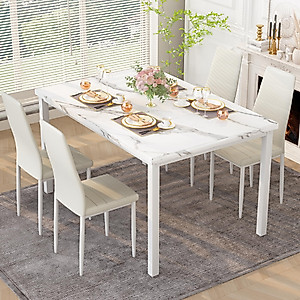 DKLGG Dining Table Set for 4, 5 Piece Kitchen Table Set with PU Leather Chairs Space-Saving Faux Marble Dining Room Table Set for 4 for Small Home Kitchen, Apartment