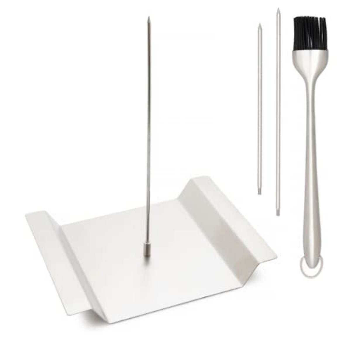 Rossbright Skewer Hack for BBQ - 3 Stick Sizes - Stainless Steel Stand for Upright, Vertical Grilling - Ideal Holder for Brazilian Meats, Gaucho Style, Chicken, Steak - Complete with Basting Brush