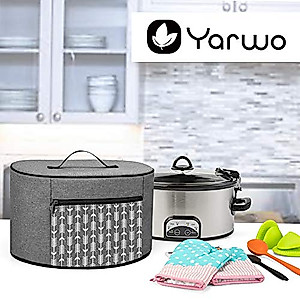 YARWO Slow Cooker Dust Cover Compatible for Crock Pot and Hamilton Beach 6-8 qt Slow Cooker, Dust Free Cover with Zipper Pocket and Wipe Clean Liner, Gray with Arrow