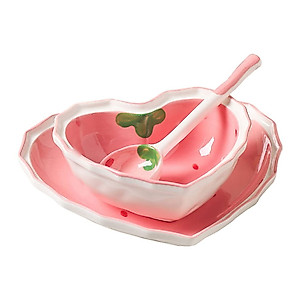 Angoily Ceramic Dessert Bowls Plate: 1 Set Love Heart Shaped Strawberry Salad Bowl with Spoon Porcelain Mixing Bowls for Soup Pasta Dessert Cereal Snack Rice Noodles Ice Cream
