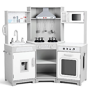 JOYLDIAS Kids Play Kitchen,Corner Wooden Pretend Toddler Kitchen Toys Playset, Realistic Lights & Sounds,Microwave Oven,Water Dispenser, Phone, Sink,Cooking Accessories, for Toddlers Ages 3+, White
