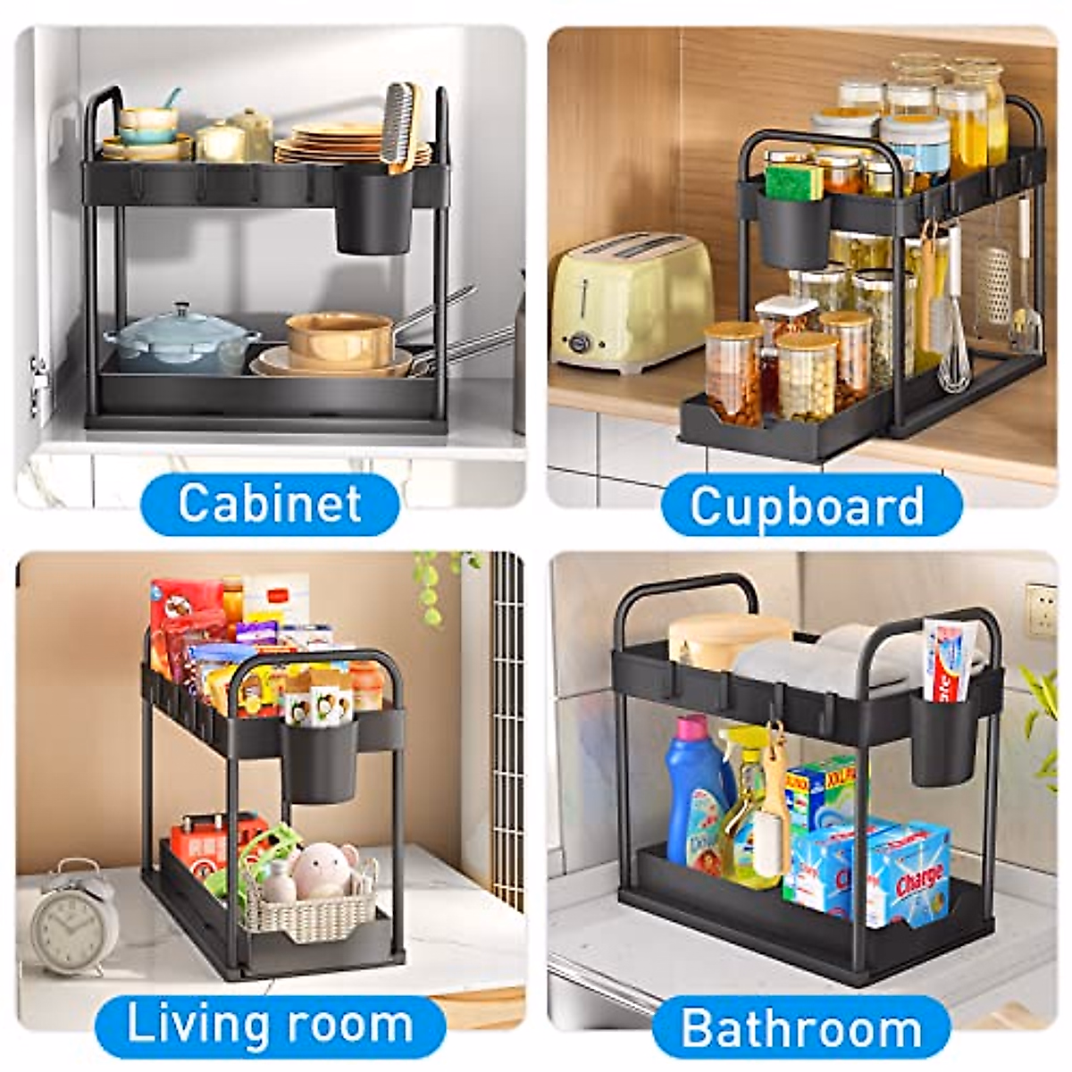 PXRACK 2-Tier Under Sink Organizer, Sliding Under Bathroom Cabinet Storage Drawer Basket Organizer Rack with Hooks, Hanging Cup, Handles, Under Sink Shelf Organizer for Bathroom, Kitchen