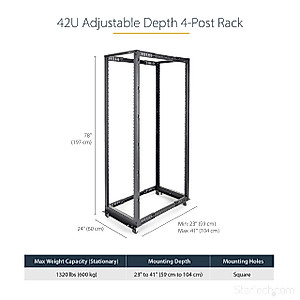 StarTech.com 4-Post 42U Mobile Open Frame Server Rack, 19in Network Rack with Wheels, Rolling Rack for Computer/AV/Data/IT Equipment - Casters, Leveling Feet or Floor Mounting (4POSTRACK42)