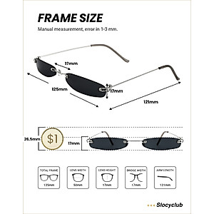 Slocyclub Vintage Rectangle Skinny Sunglasses for Women Men, Retro Small Thin Sunglasses, Rimless Trendy Sunglasses