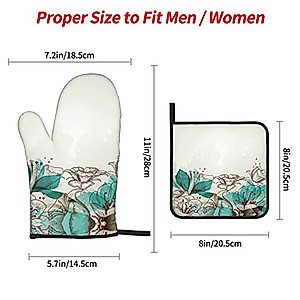 Teal Floral Oven Mitts and Pot Holders Sets,Multi-Function Kitchen Pot Holders with Pocket (4 Pcs)