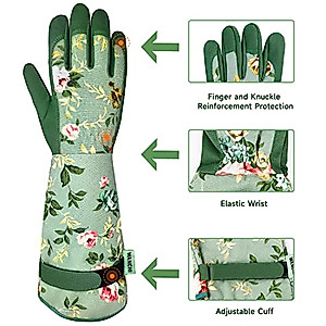 WANCHI Gardening Gloves, Durable and Comfortable Women's Long Garden Gloves for Gardening Work and Yard Work, Leather Gardening Gloves for Women, Green Print (Medium)