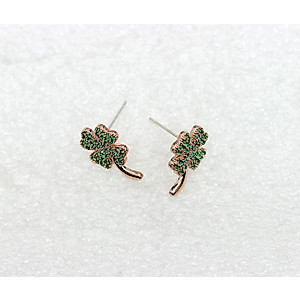 Faship Green Cubic Zirconia CZ Crystal Shamrock Clover 4 Leaf Stud Earrings - Green/Rose Gold Plated