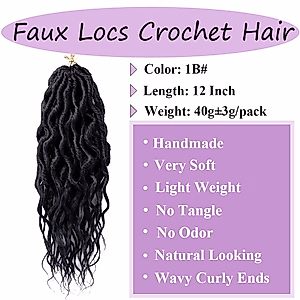 LOSMOEER Faux Locs Crochet Hair 12 Inch, 6 Packs Goddess Locs Crochet Hair for Women, Soft Locs Pre Looped Crochet Braids with Wavy Curly Ends Boho Locs Synthetic Braids Extensions (#1B)
