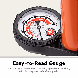 Schwinn Air Center Plus Floor Bike Pump, Pressure Gauge, Pumps 120 Max PSI, Dual Head Fits Schader and Presta Valve Types, Wide Metal Base, Orange