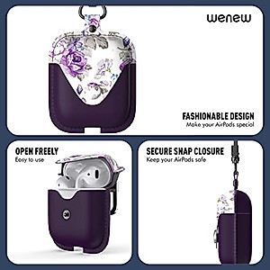wenew Leather Case for AirPods 1 & 2, AirPods 2 case with snap Closure AirPods Leathe case for Women with Clip (Purple)