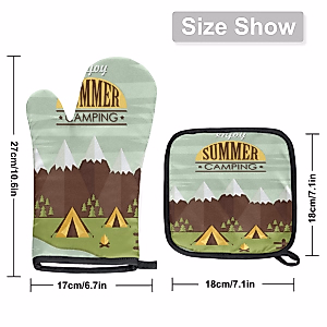 Enjoy Summer Camping Oven Mitts and Pot Holders Sets of 2 Heat Resistant Non-Slip Kitchen Gloves Hot Pads with Inner Cotton Layer for Cooking BBQ Baking Grilling