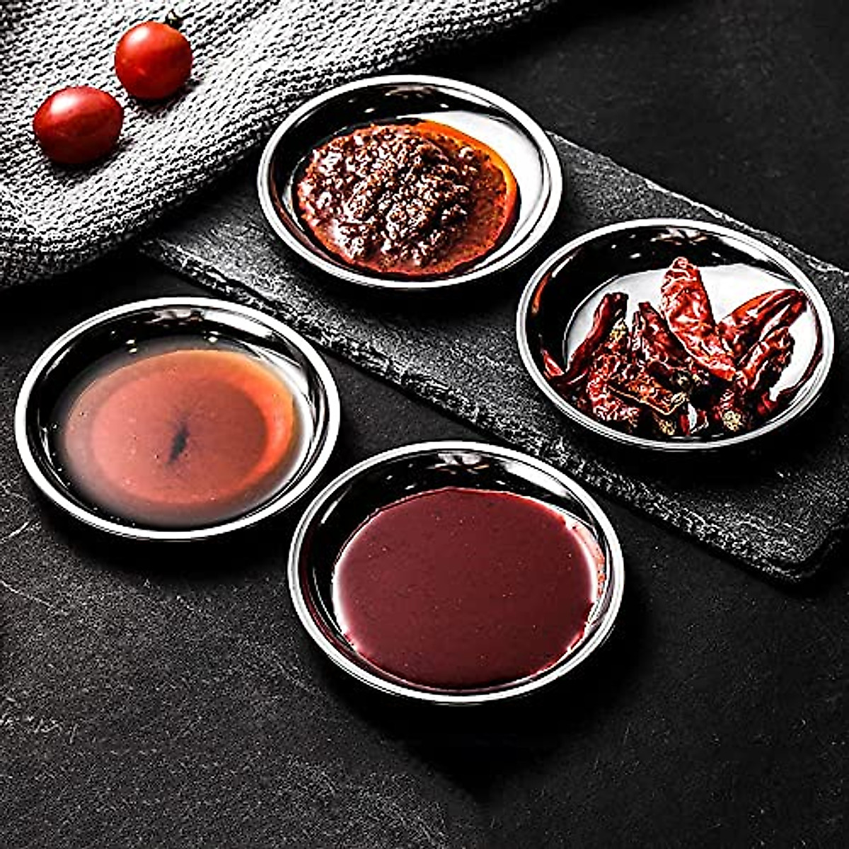 8 Pcs Stainless Steel Sauce Dishes, 4inch Round Seasoning Dishes Sushi Dipping Bowl Saucers Bowl Mini Appetizer Plates, Small Snack Cups Dipping Soy Sauce Dish/Bowls (3.85 x 3.87 x 0.7 inch) (10cm)