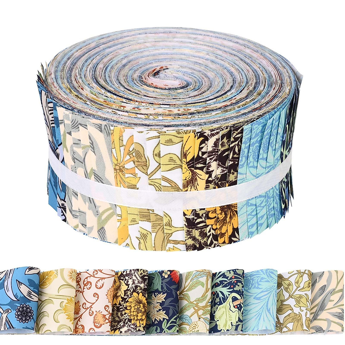 50Pcs William Morris Floral Jelly Fabric Strips Roll for Quilting Crafting Spring Summer Floral Precut Patchwork for Sewing DIY Crafts 2.55 Inch Polyester Fabric Bundles
