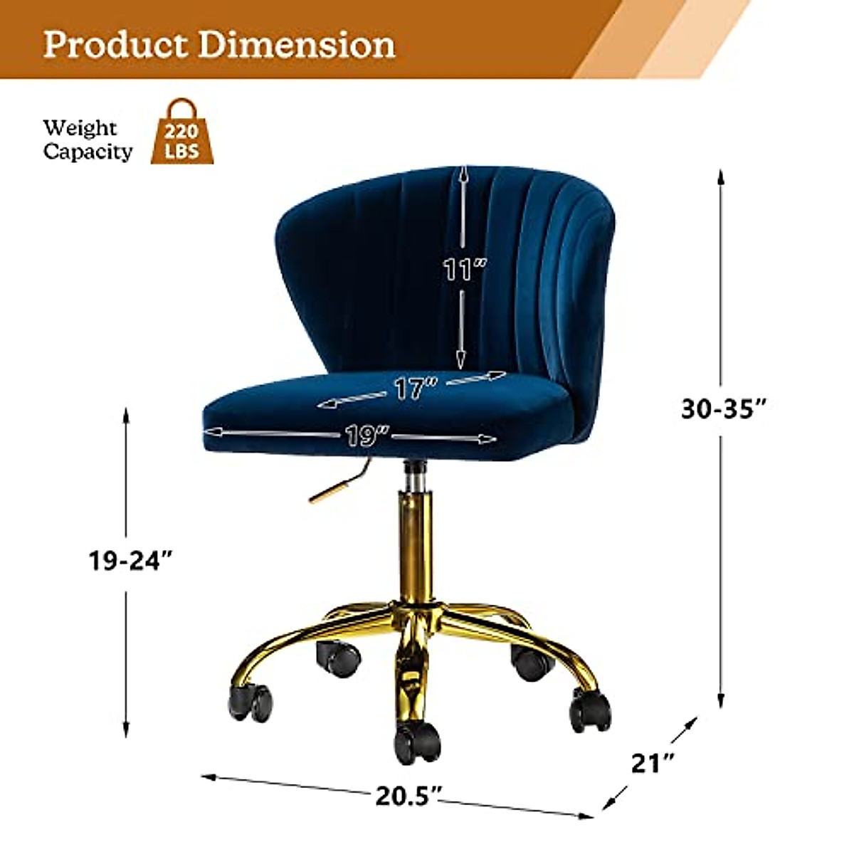 TINA'S HOME Office Desk Chairs with Wheels & Gold Base, Modern Velvet Cute Armless Office Chair, Adjustable Low Back Swivel Rolling Chair, Upholstered Task Chair for Living Room Vanity Study-Navy