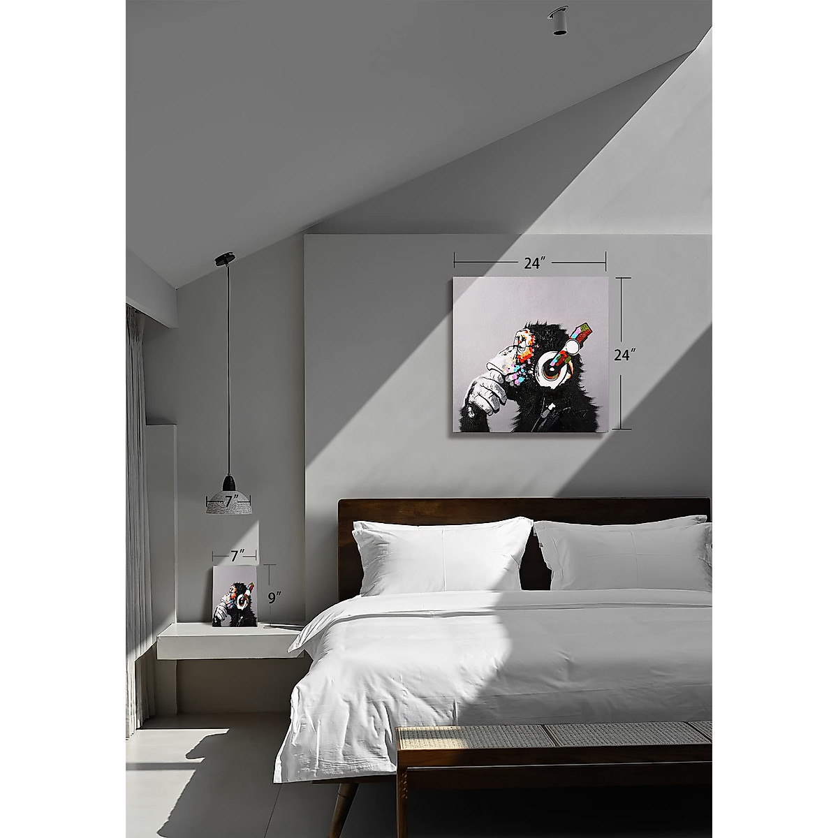 Modern Pop Art Decor - Framed - Thinking Monkey With Headphones Canvas Print Home Decor Wall Art, Gallery Wrap Inner Frame, 24x24