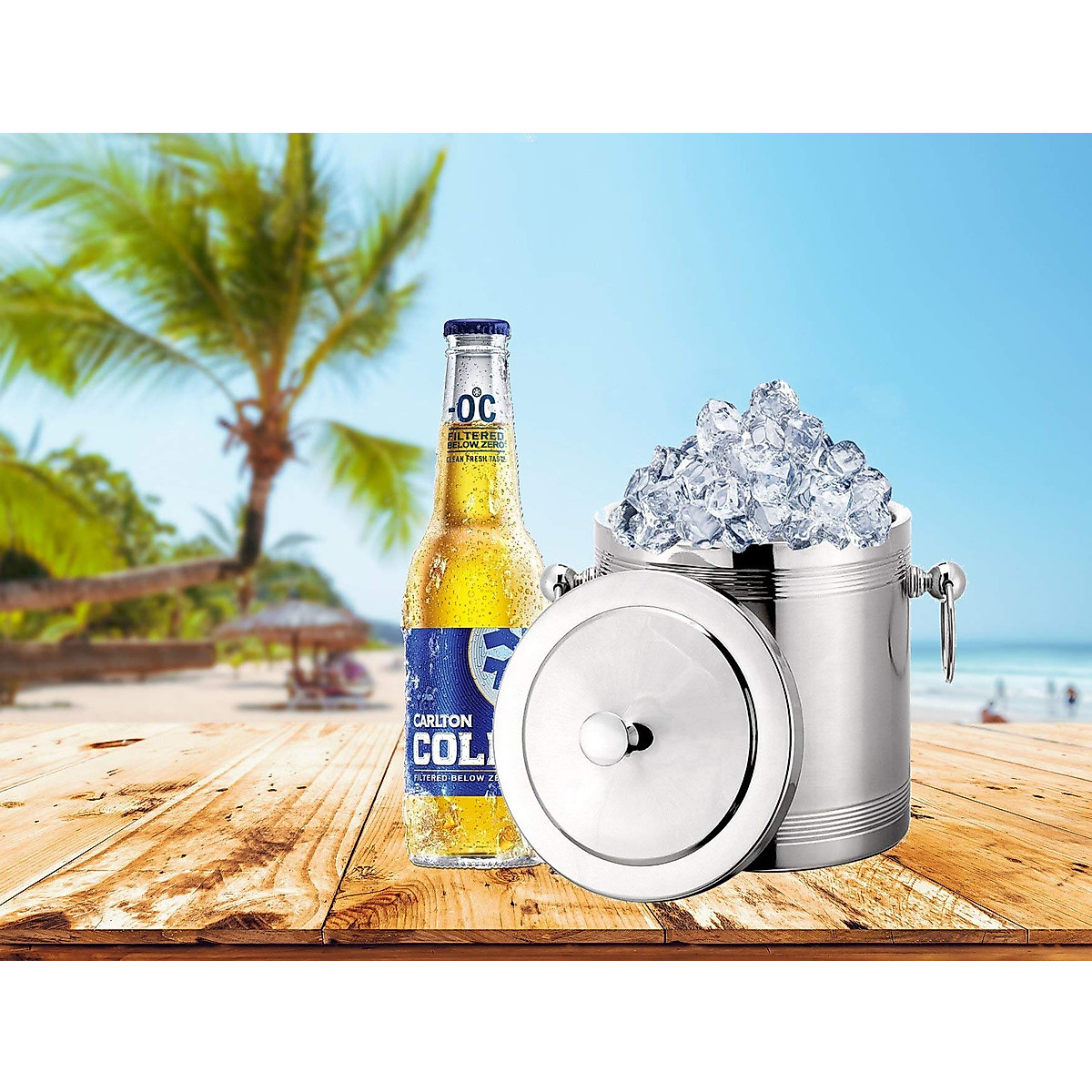 Ice Bucket with Lid, Tongs, Insulated Double Wall Design, Premium Quality Brushed Stainless Steel, Handles, 1.4L, Small, Great as a Gift, Great for Parties