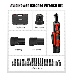 AVID POWER Cordless Electric Ratchet Wrench 3/8", 44.2 Ft-lbs 12V Power Ratchet Wrench Kit w/Two 2.0Ah Batteries, 1-Hour Fast Charger, Variable Speed and 10 Sockets