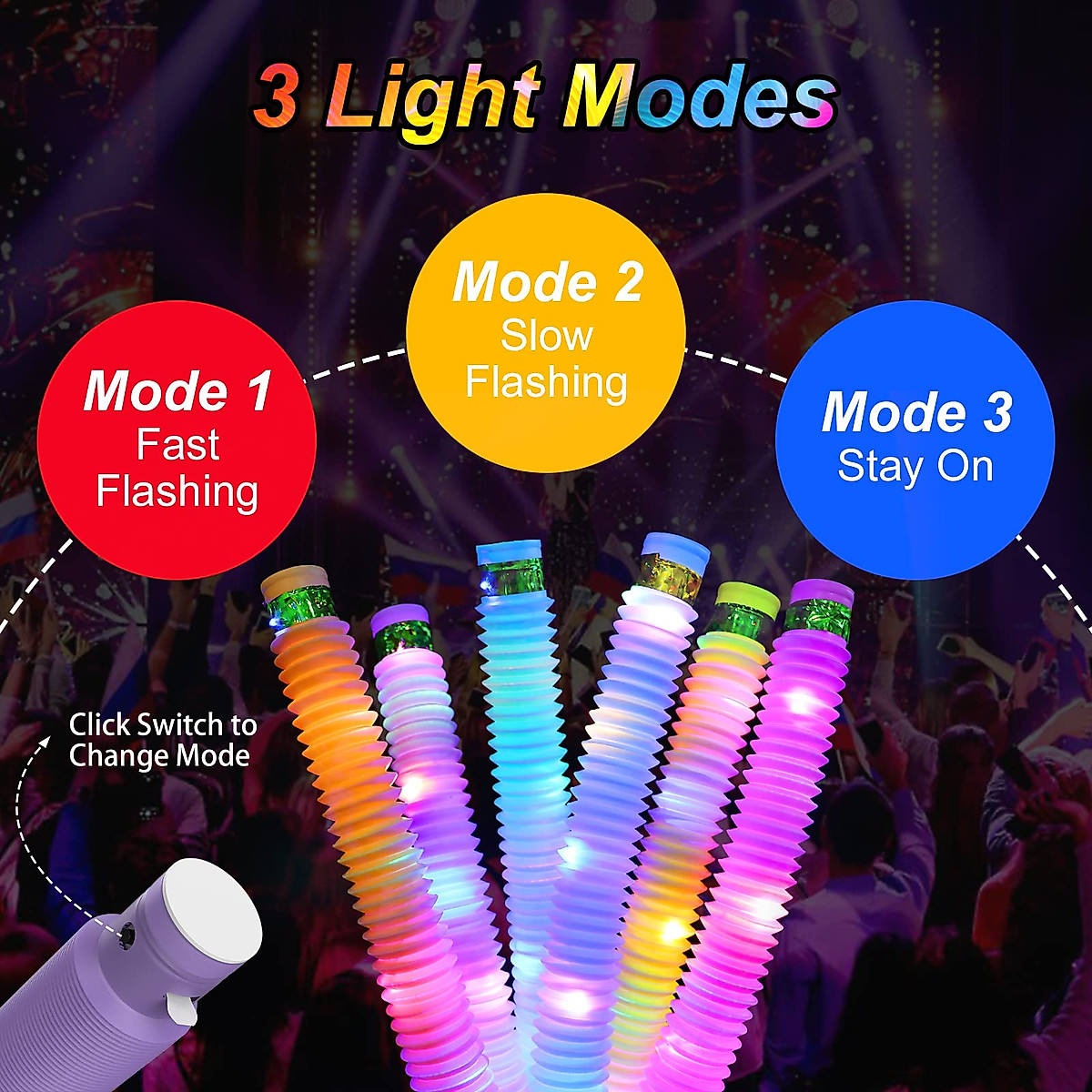 Light Up Pop Fidget Tubes Party Favors for Kids, 12 Pack Glow in The Dark Party Supplies Toddler Sensory Toys, Large Glow Sticks as Goodie Bag Stuffers and Birthday Party Pack Return Gifts for Kids