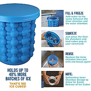 Ice Genie Deluxe The Original Ice Cube Maker| Holds Up to 180 Ice Cubes | Silicon Bucket | Perfect for Indoor/Outdoor Use | Bottled Beverage Cooler | Dishwasher Safe & Bpa-Free | Ice Tongs Included