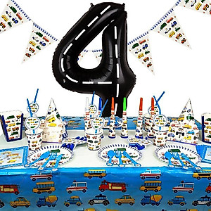 Race Car Birthday Balloon Number 4-40 Inch Big Foil Mylar Racetrack Black 4 Balloon for Boys 4th Birthday Party Decorations Racing Car Theme Party Supplies Anniversary Celebrations Decor