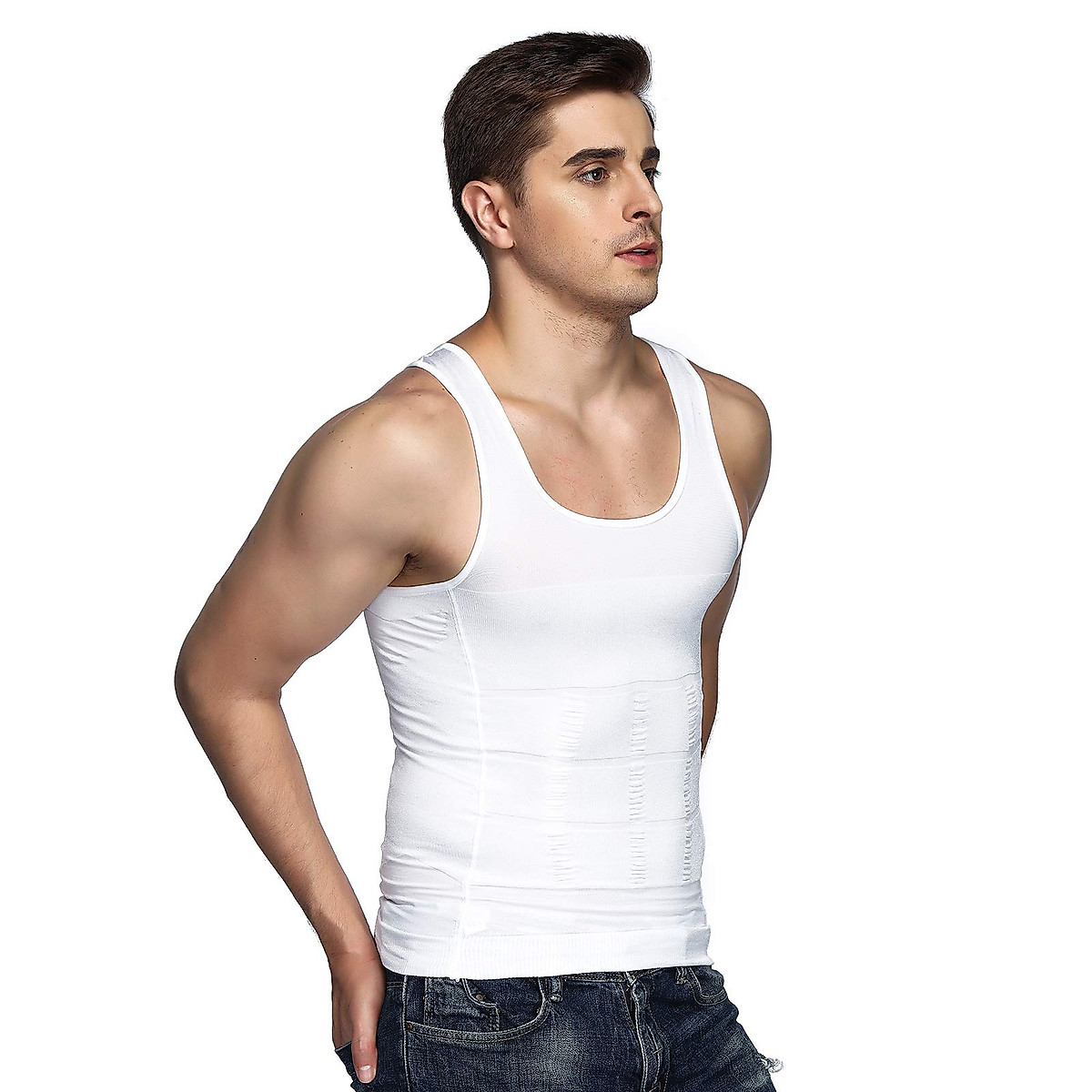 Odoland Mens 5 Pack Body Shaper Slimming Tummy Vest Thermal Compression Shirt Tank Top Shapewear, White/White/White/White/White, XL