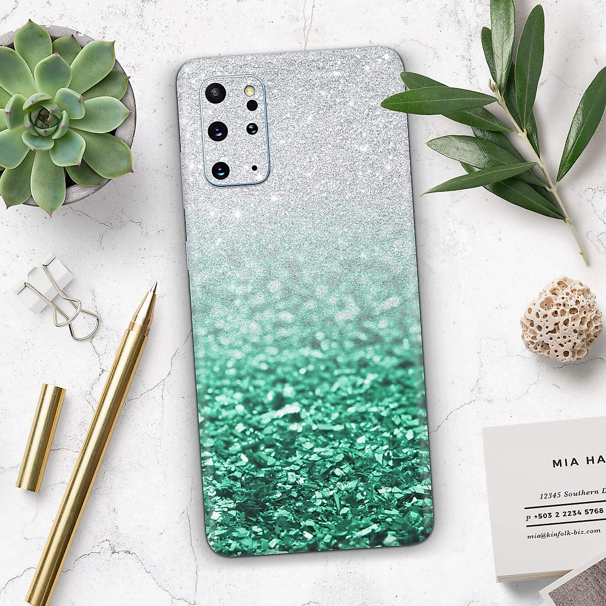 DesignSkinz Aqua Green & Silver Glimmer Fade Protective Vinyl Decal Wrap Skin Cover Compatible with The Samsung Galaxy S20 (Screen Trim & Back Glass Skin)