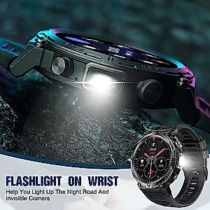 Military Smart Watch for Men with Flashlight(Bluetooth Call/Answer), 1.45” Rugged Tactical Smartwatch for Sleep Heart Rate Pedometer, Outdoor Fitness Tracker Compatible with Android iPhone Black